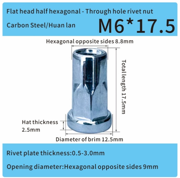 ODM. steel zinc thickness flat head part hexagonal m6 rivet nut